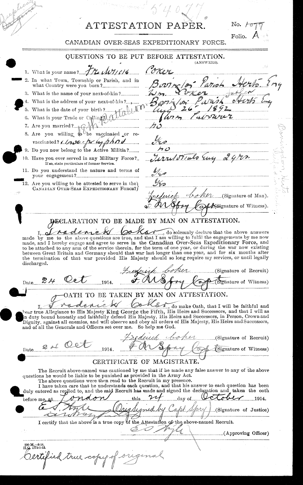 Coker, Frederick: Service no. 54077 – History of the 18th Battalion CEF ...