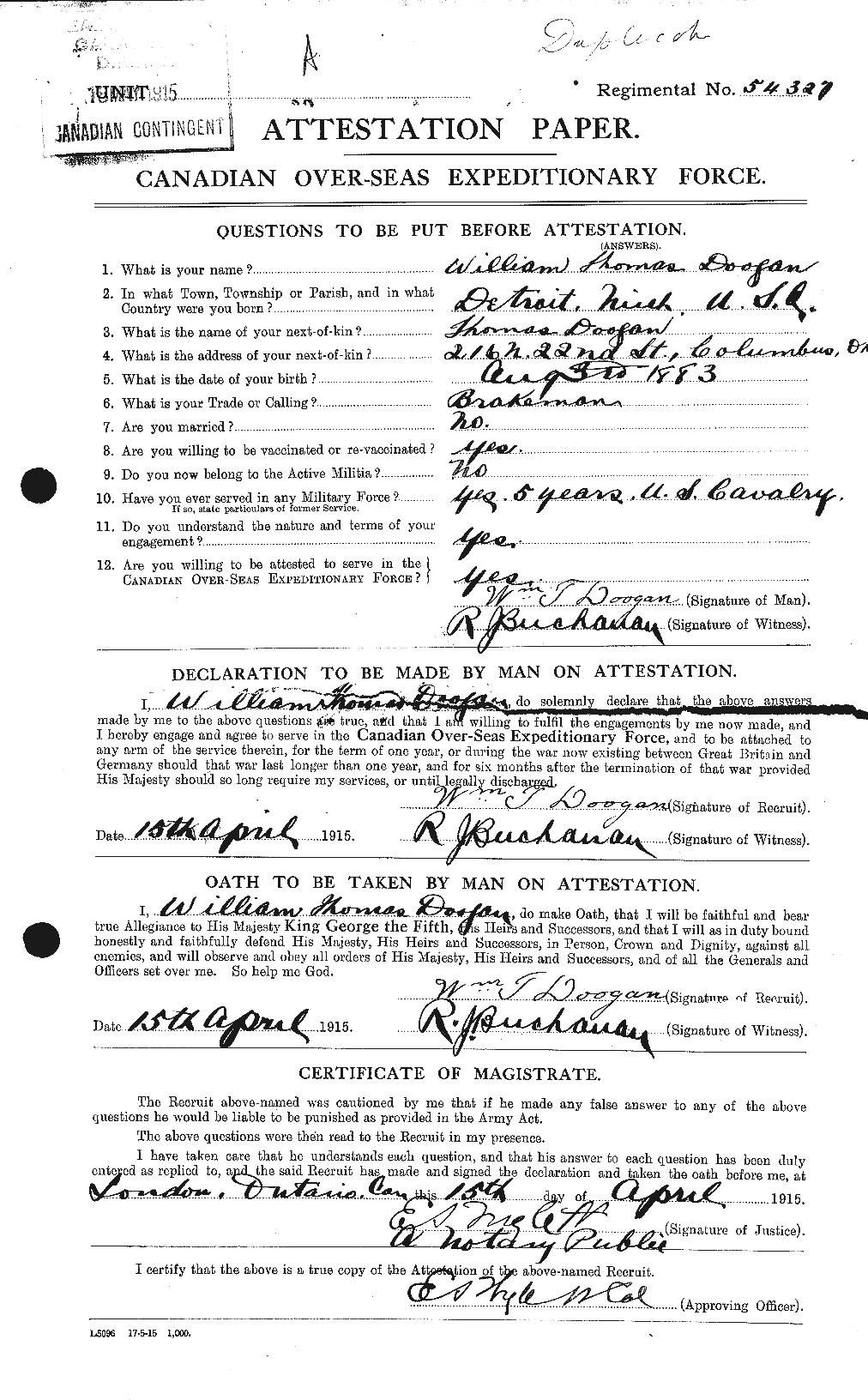 Doogan, William Thomas: Service no. 54327 – History of the 18th ...