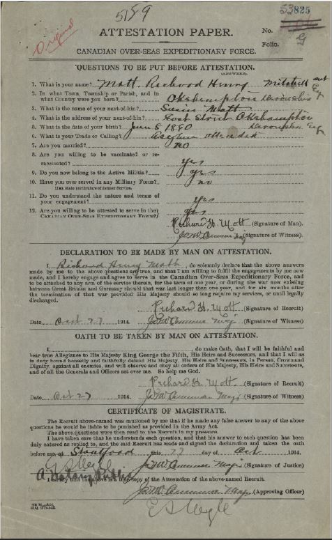 Attestation Paper 1 Mott – History of the 18th Battalion CEF, "The ...