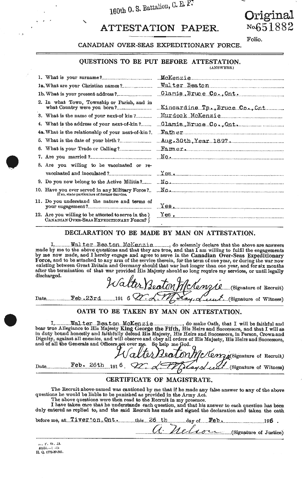 McKenzie, Walter Beaton: Service no. 651882 – History of the 18th ...