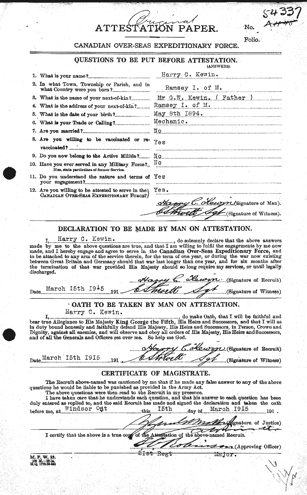 Kewin, Harry Corlett: Service no. 54337 – History of the 18th Battalion ...