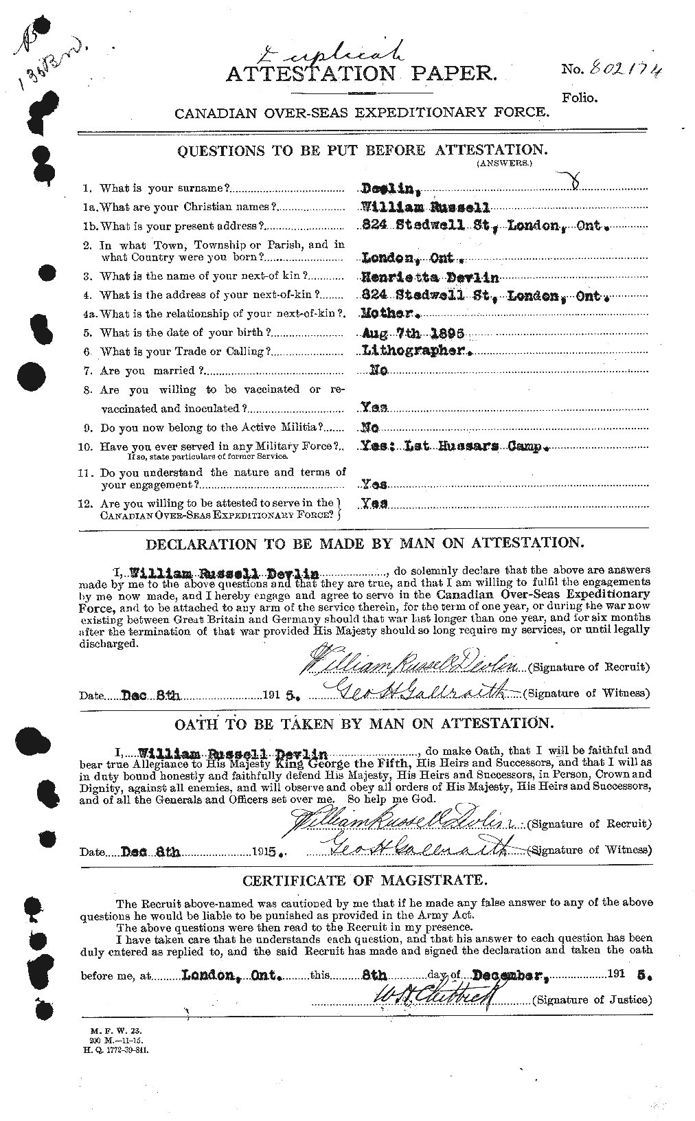 Devlin, William Russell: Service no. 802174 – History of the 18th ...